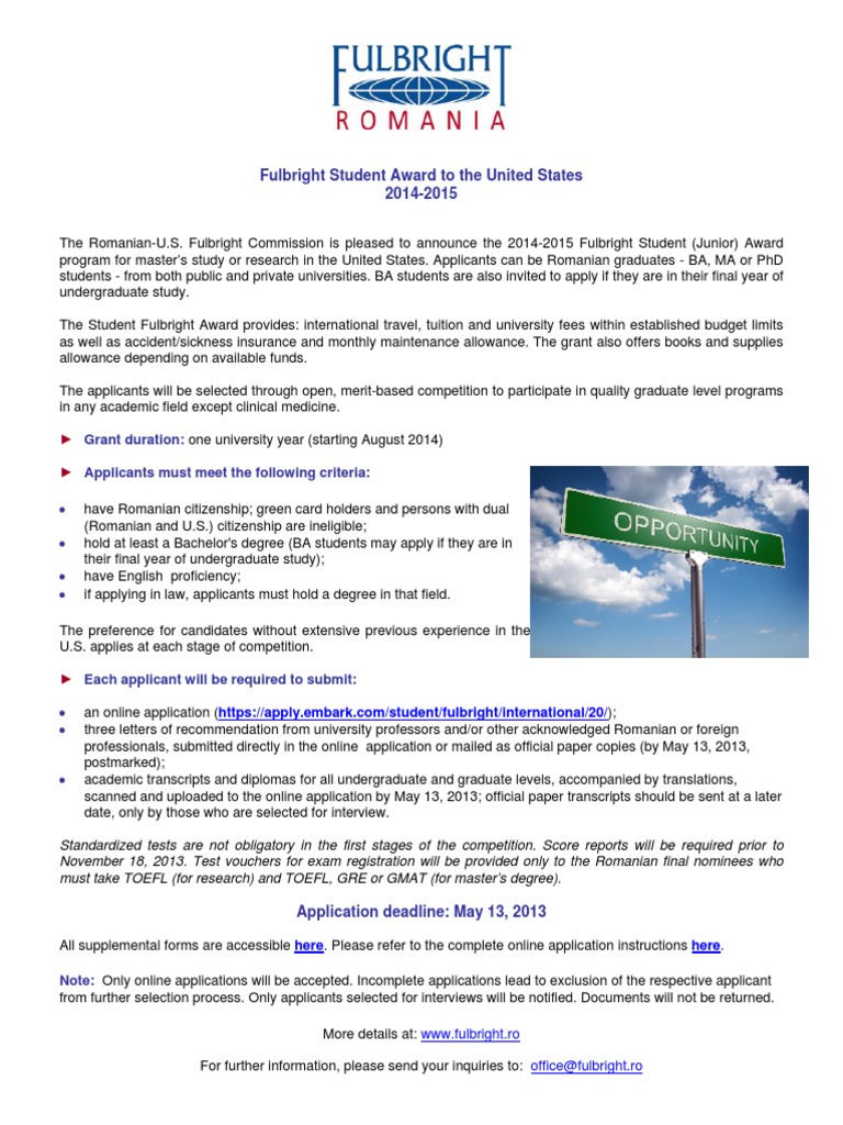 Anunt Fulbright Student - 2014-2015 | PDF | Postgraduate Education ...