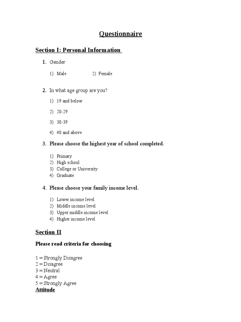 Questionnaire: Section I: Personal Information | PDF