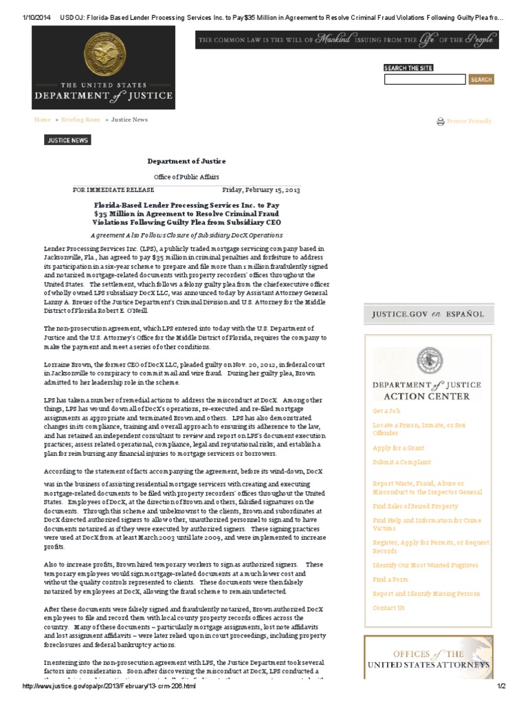 USDOJ - Florida-Based Lender Processing Services Inc THE AGREEMENT WITH ...