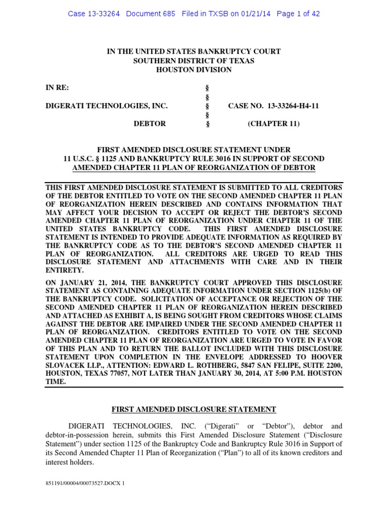 Amended Disclosure Statement Filed by Di - Main Document | PDF ...