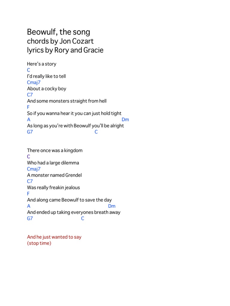 Beowulf, The Song: Chords by Jon Cozart Lyrics by Rory and Gracie ...