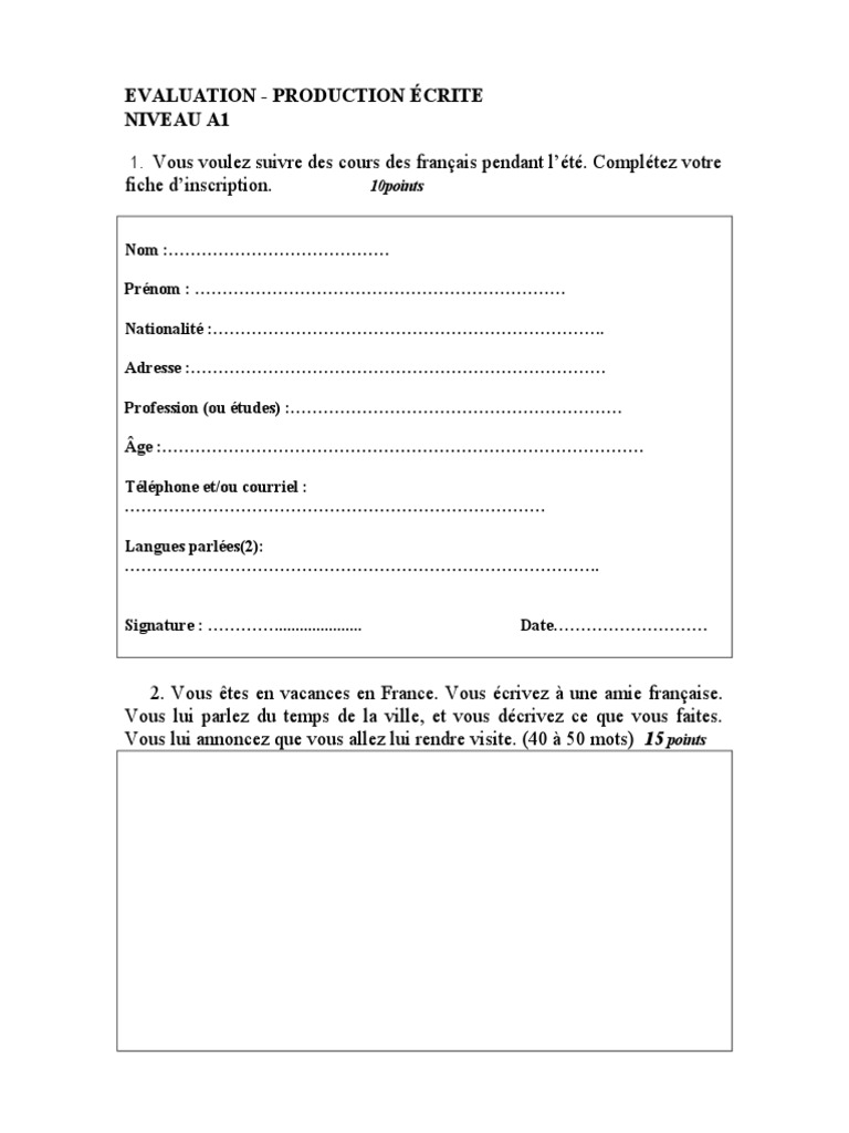 Evaluation A1- Production Ecrite