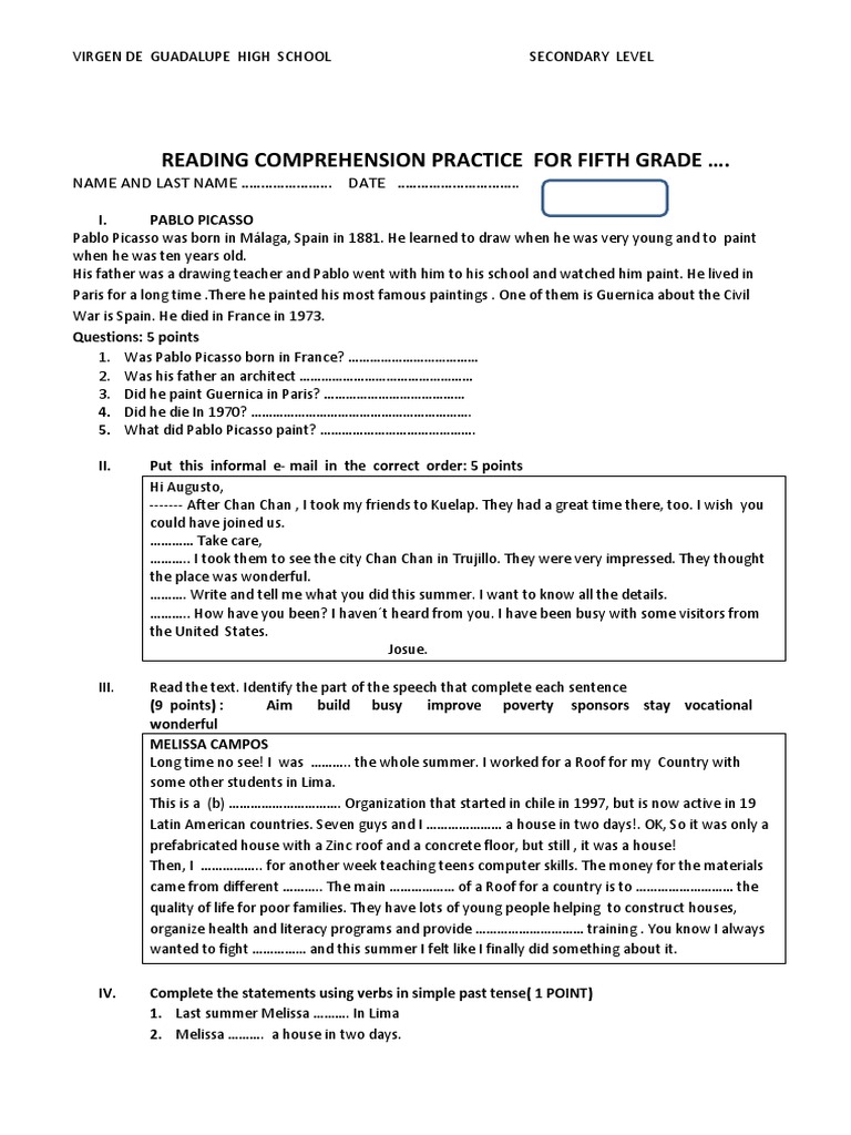 Reading Comprehension Practice | PDF | Pablo Picasso | Grammar