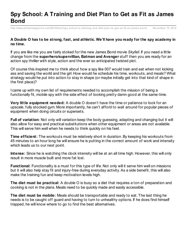 Spy School A Training and Diet Plan To Get As Fit As James Bond | PDF ...