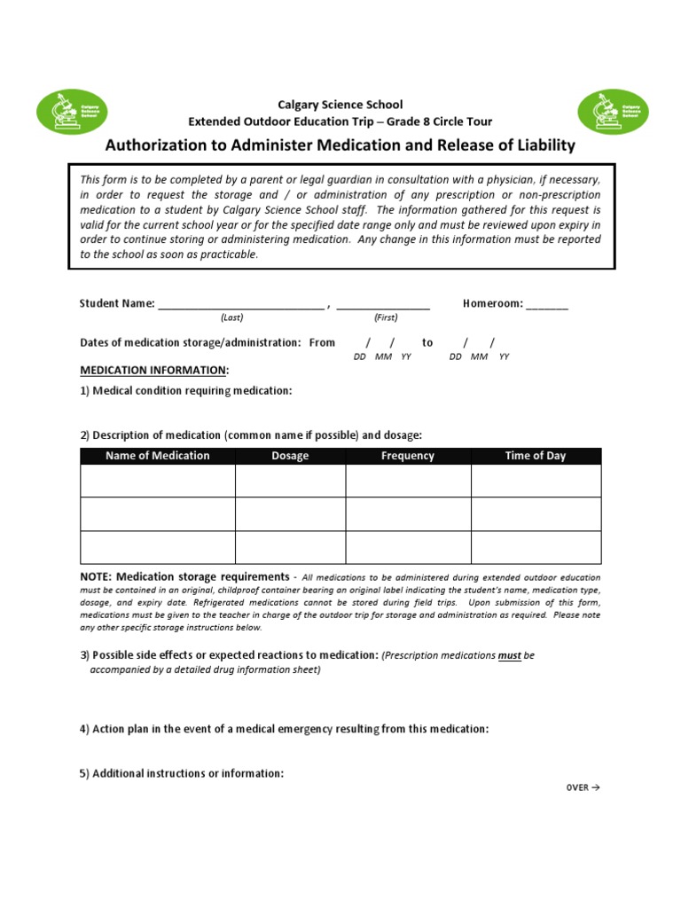 Medication Authorization Form for Students | PDF | Medical Prescription ...