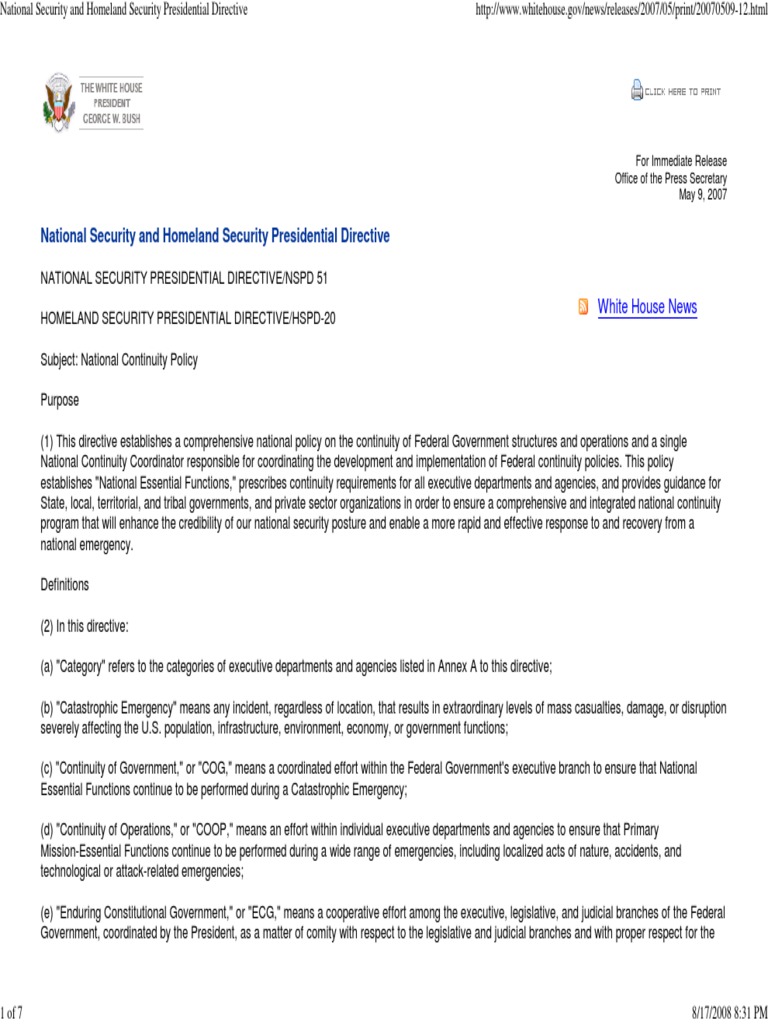 National Security and Homeland Security Presidential Directive | PDF ...