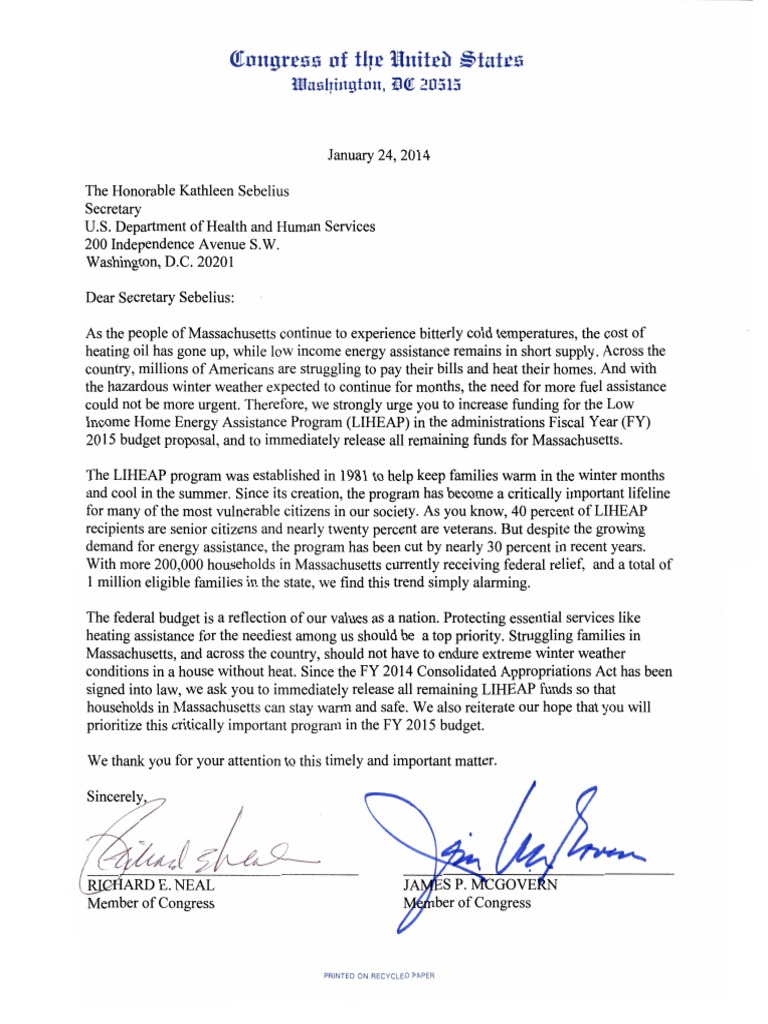 LIHEAP Massachusetts Delegation Letter | PDF | Massachusetts | Fiscal Year