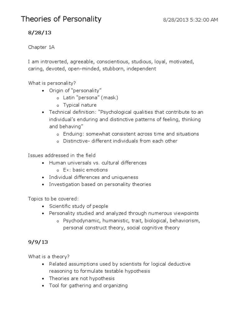 Theories of Personality Notes | PDF | Id | Extraversion And Introversion