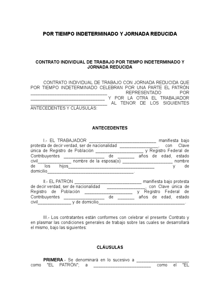 Contrato Individual de Trabajo Por Tiempo Indeterminado y Jornada Reducida | PDF | Salario ...