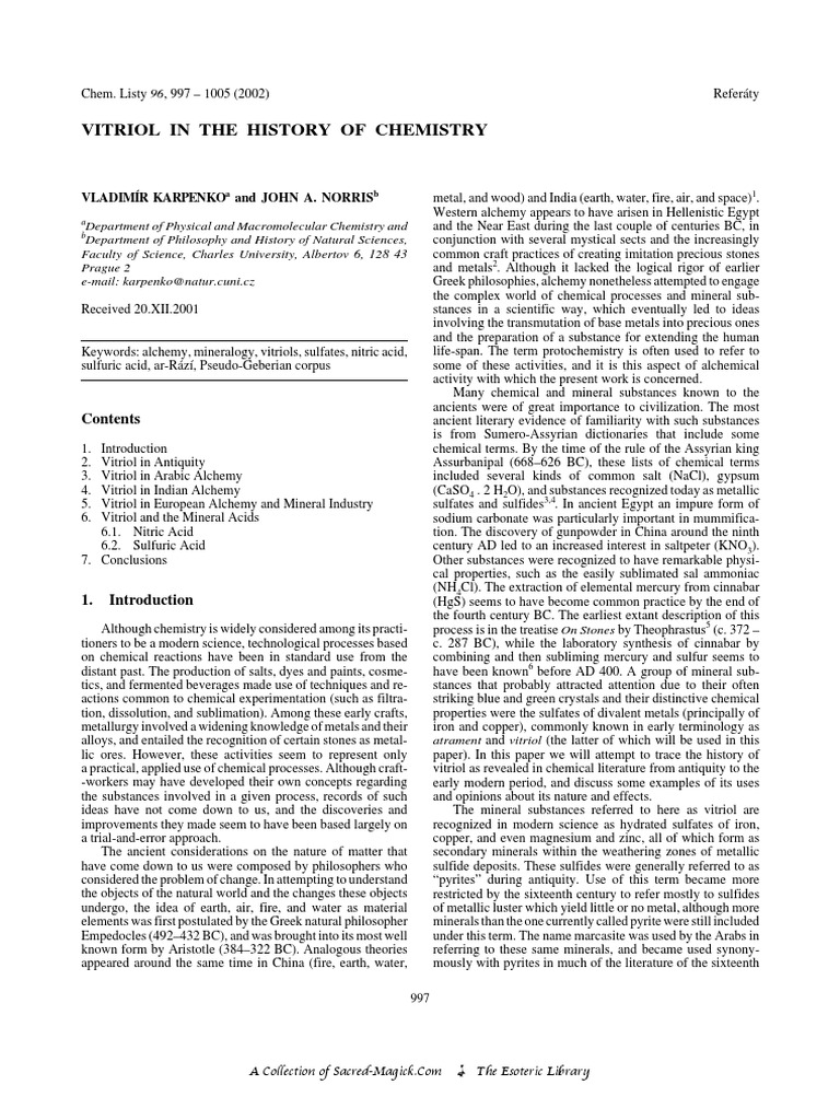 Vitriol in the History of Chemistry | Alchemy | Sulfuric Acid