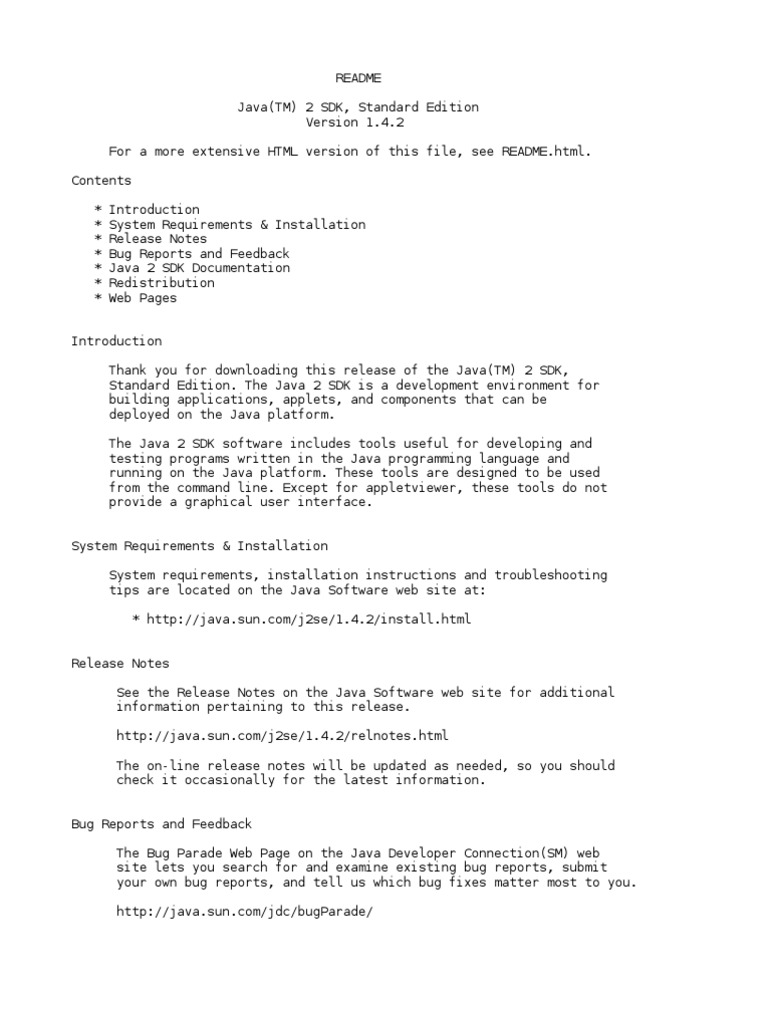 README Java (TM) 2 SDK, Standard Edition Version 1.4.2 For A | PDF | Java (Software Platform ...