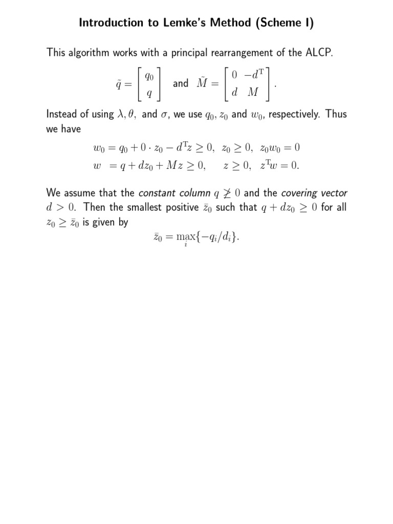 Introduction To Lemke's Method (Scheme I) | PDF | Matrix (Mathematics ...
