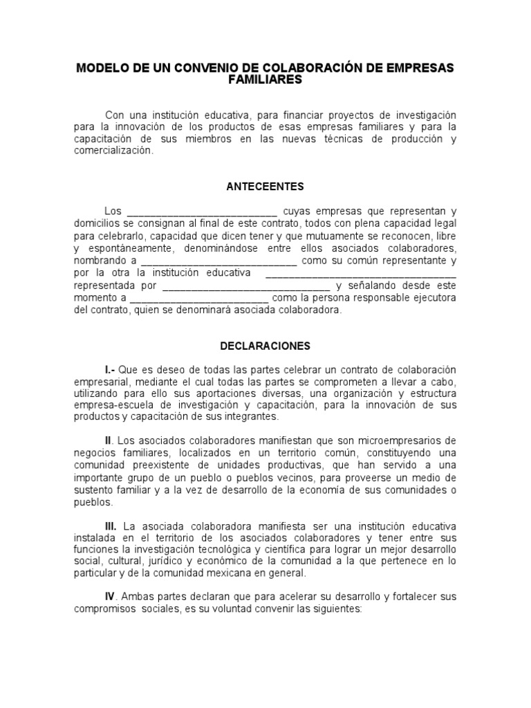 MODELO DE UN CONVENIO DE COLABORACIÓN DE EMPRESAS FAMILIARES (2) | Innovación | Business