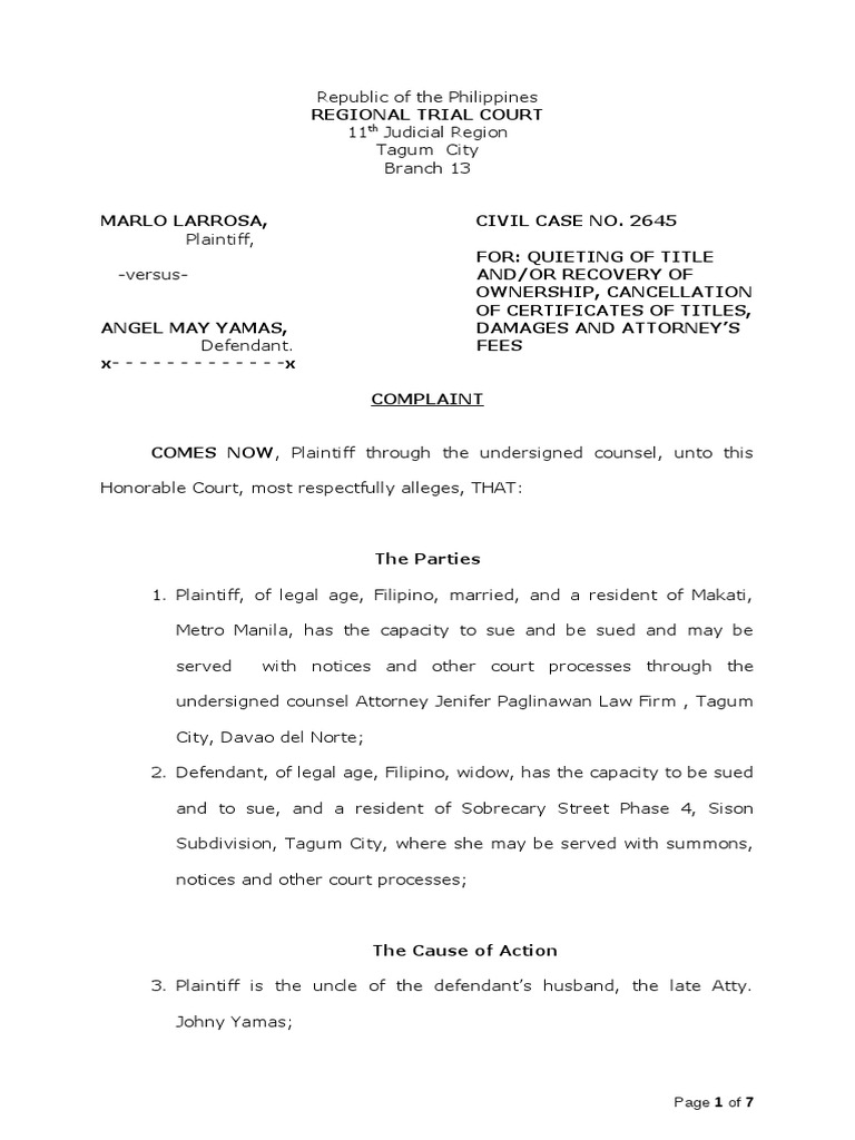 Complaint-Quieting of Title | Jargon | Legal Communication