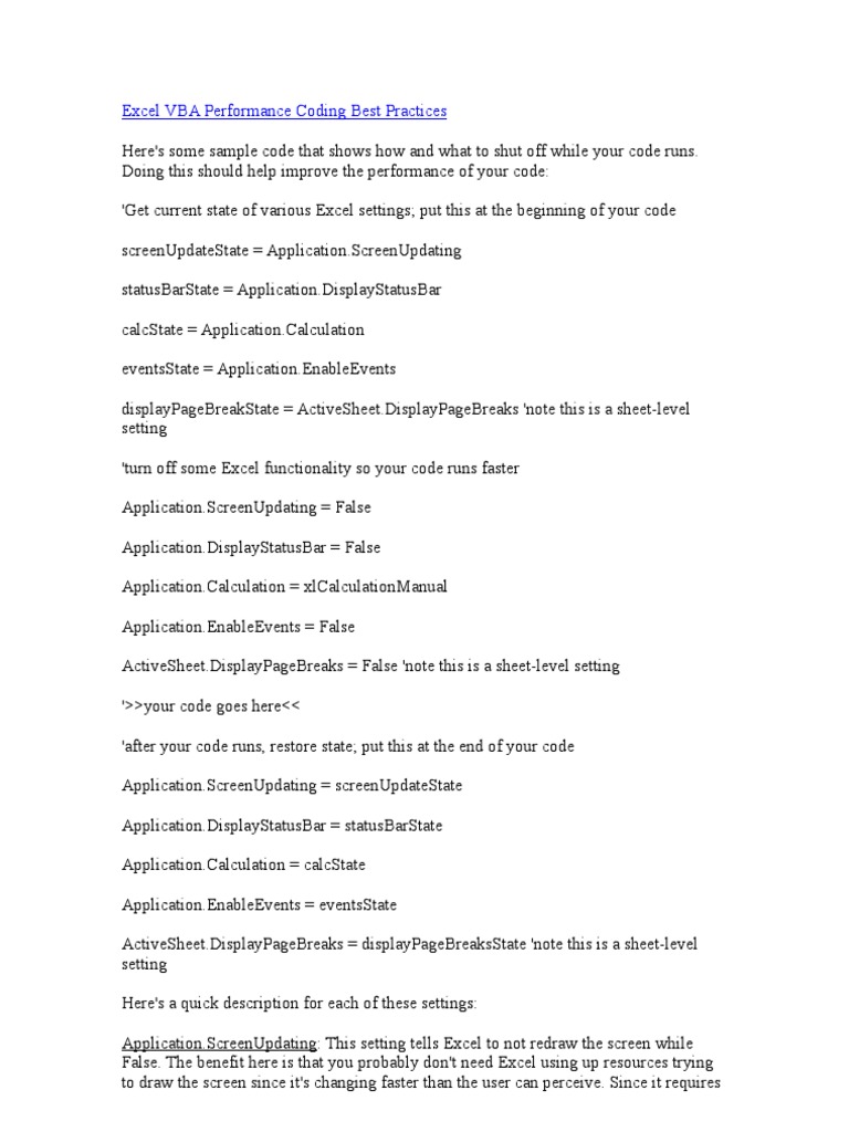 Excel Vba Performance Coding Best Practices Pdf Visual Basic For