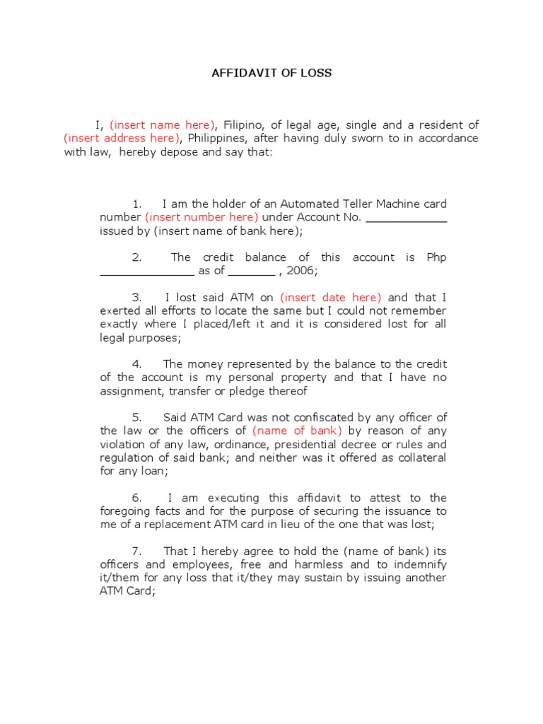 Affidavit of Loss for ATM Card | PDF | Social Institutions | Social Science