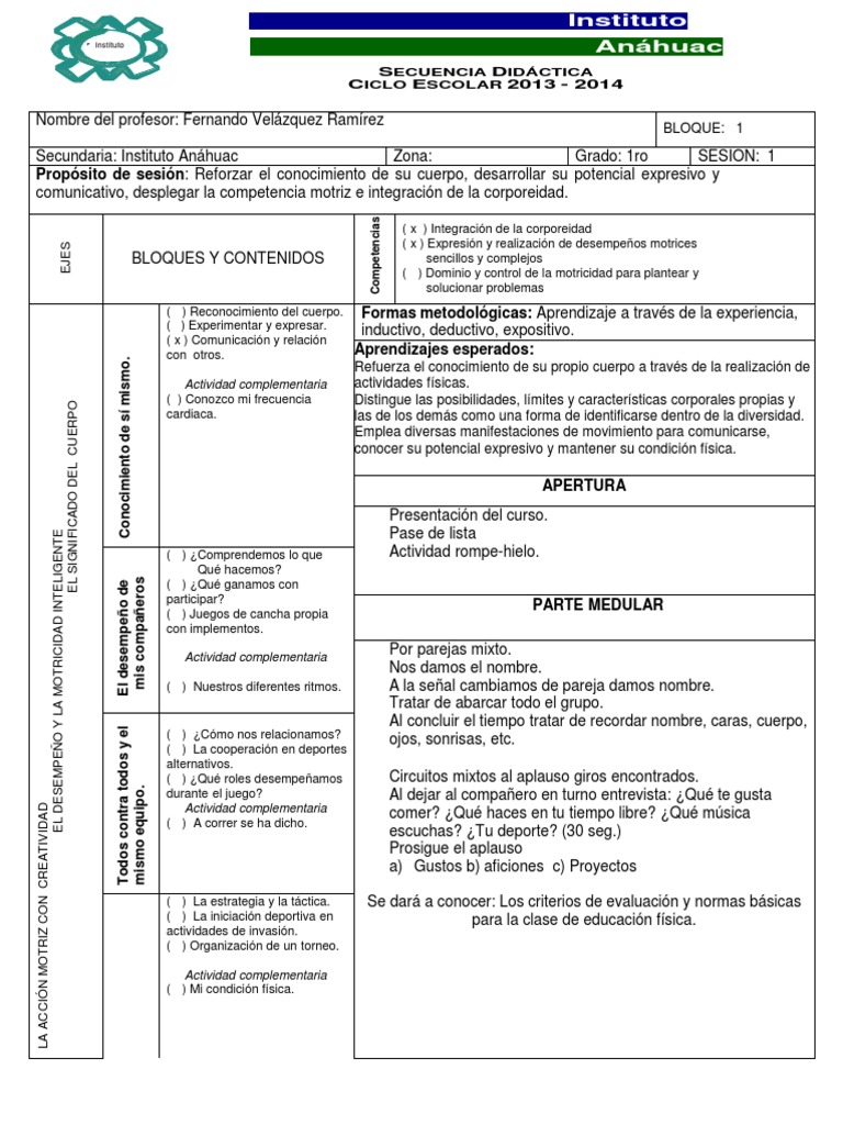Secuencia Didactica 13 14 Pdf Educación Física Conocimiento