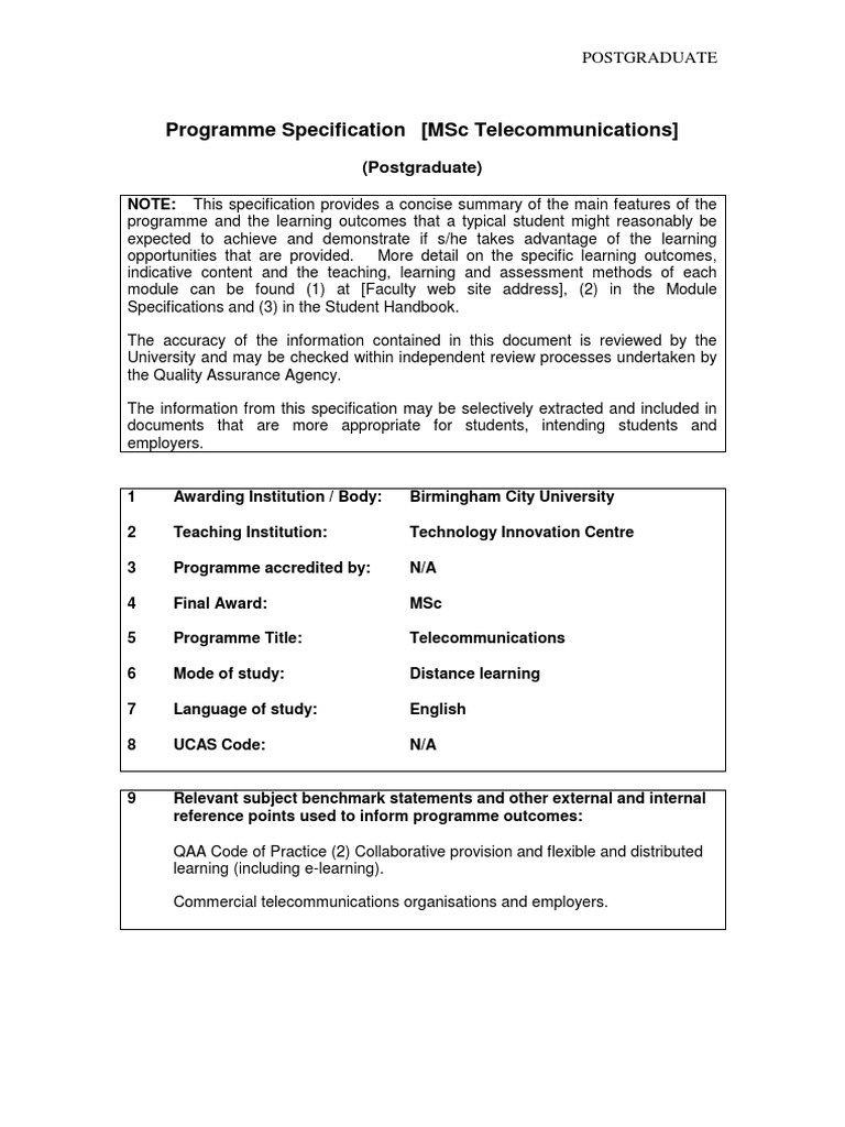 Telecommunications MSC V2.0 Criteria | PDF | Educational Assessment | Postgraduate Education