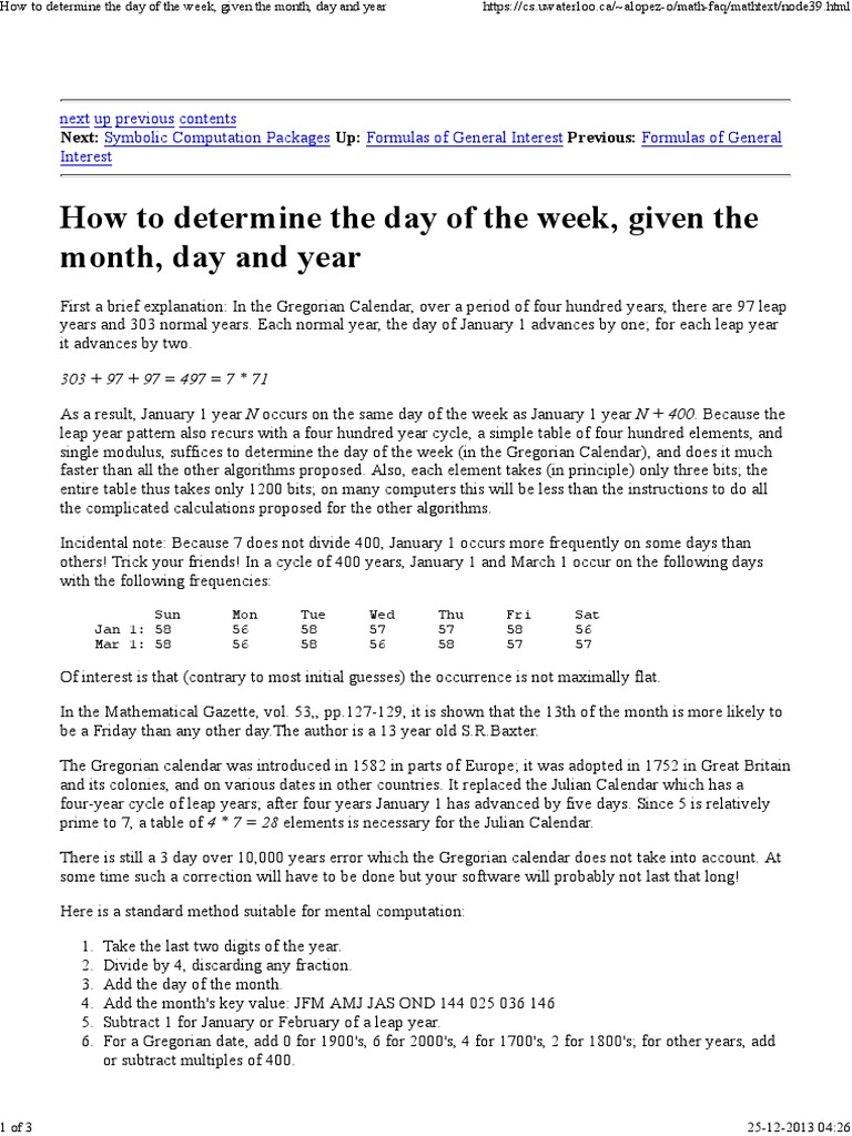 How To Determine The Day of The Week, Given The Month, Day and Year ...