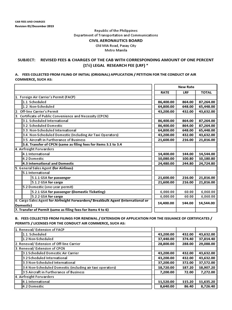 CAB Revised Fees and Charges (Dec 2013) | PDF | Airlines | Cargo