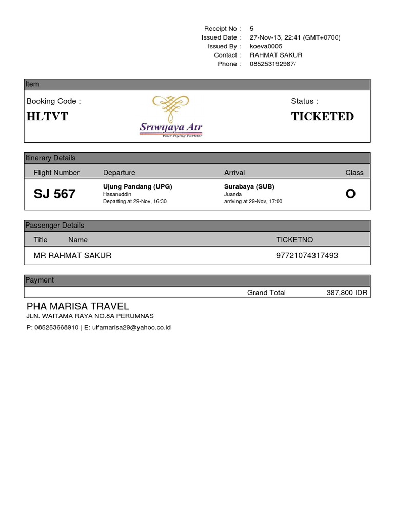 Flight Ticket Receipt for Traveler | PDF