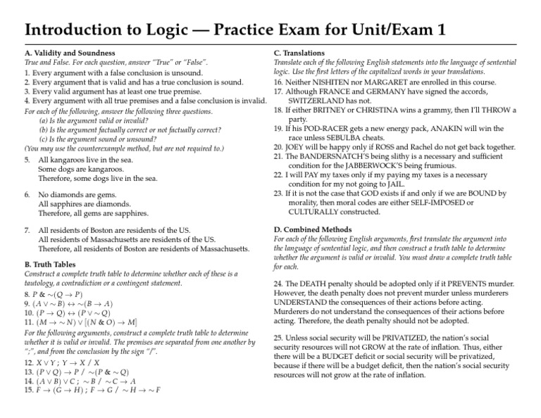 Introduction To Logic - Practice Exam For Unit/Exam 1: A. Validity and Soundness C. Translations ...