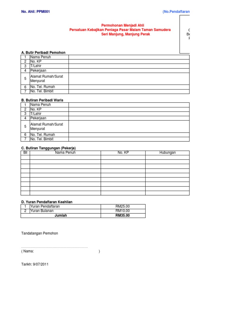 Borang Permohonan Ahli Peniaga Pasar Malam | PDF