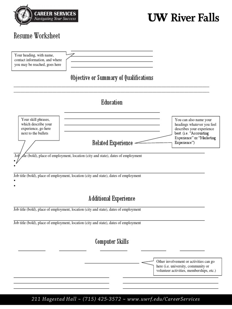 Resume Worksheet: Objective or Summary of Qualifications Education ...