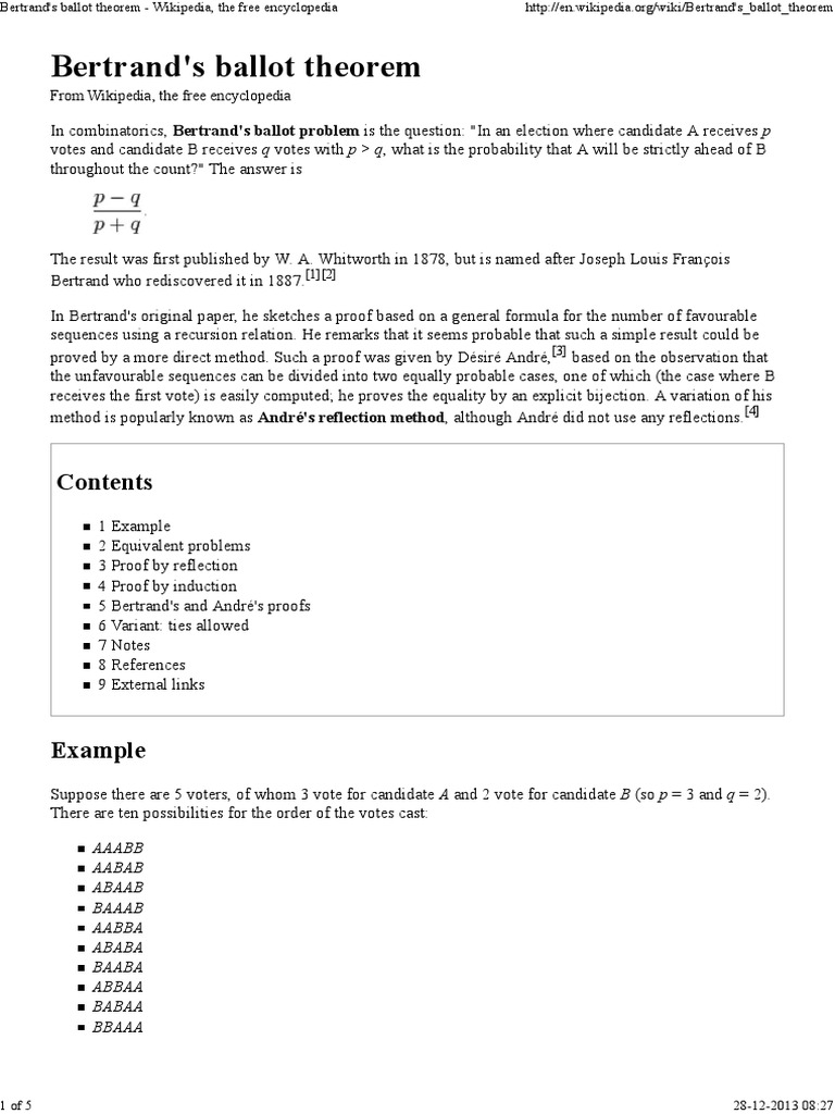 Bertrand's Ballot Theorem - Wikipedia, The Free Encyclopedia | PDF ...