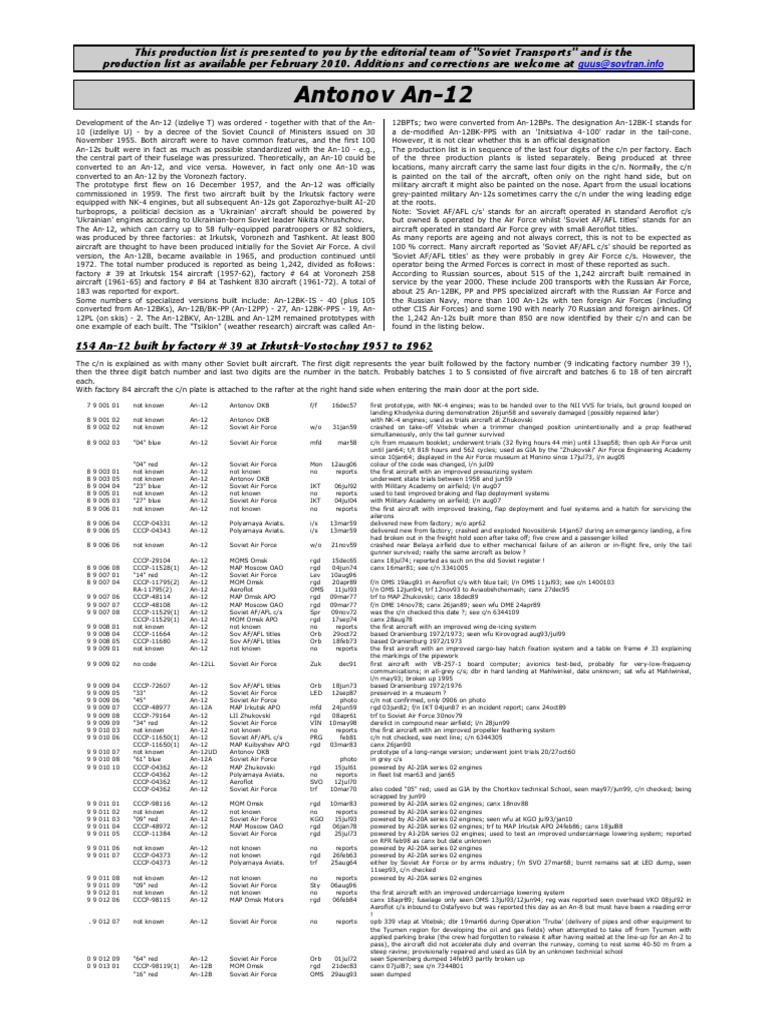 Antonov An-12 Aircraft Serials | PDF | Aircraft | Aviation