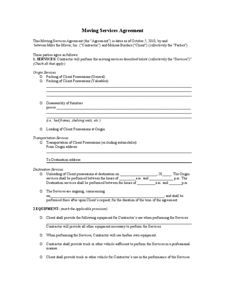 Moving Agreement for Clients | PDF | General Contractor | Employment