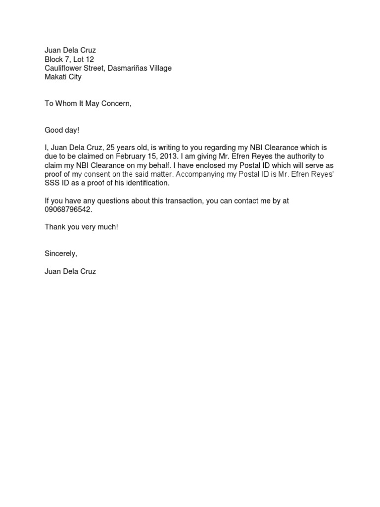 Authorization Letter for NBI Clearance | PDF | Violence