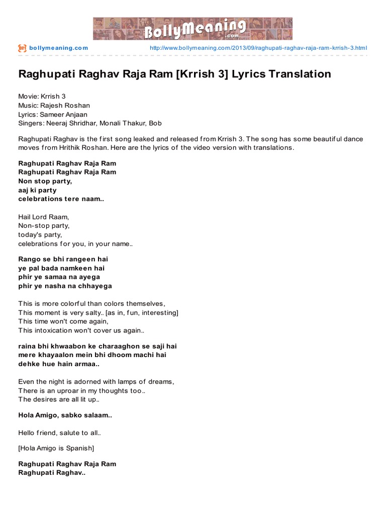 Raghupati Raghav Raja Ram Krrish 3 Lyrics Translation | PDF | Bollywood ...