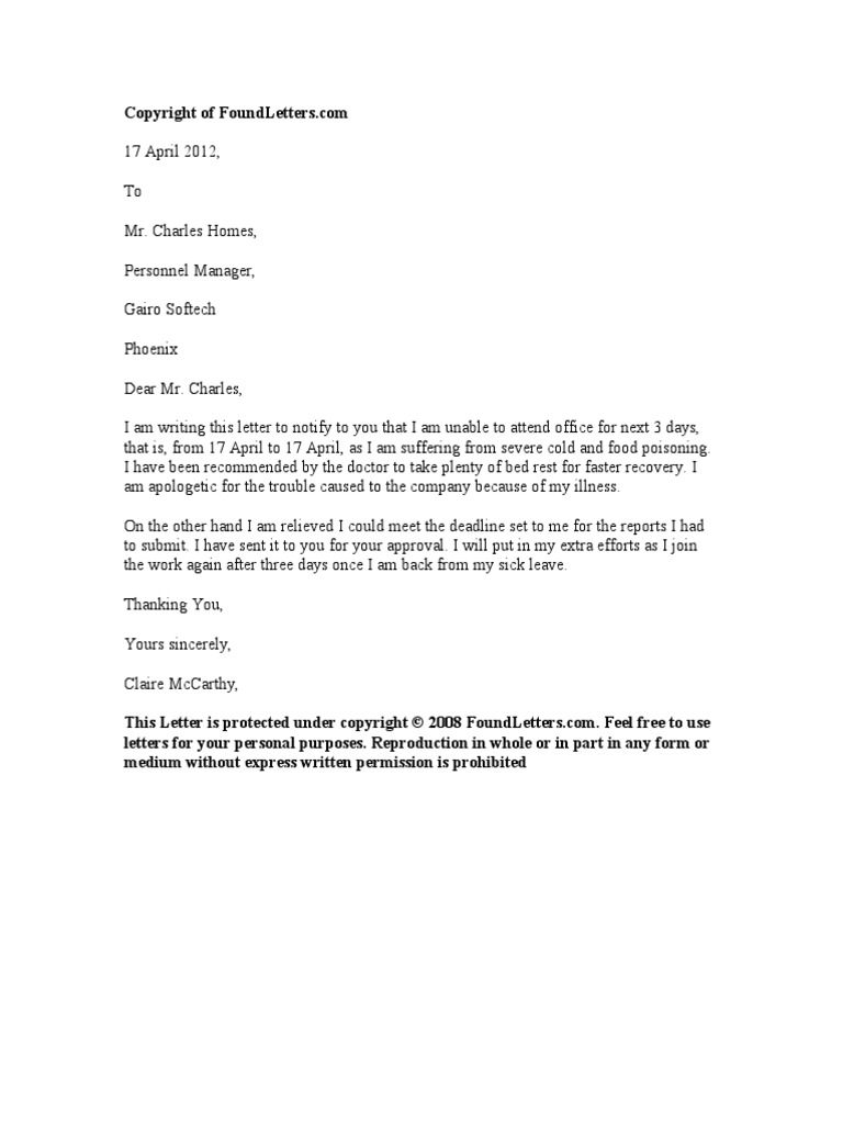 Sample Sick Leave Letter in Word Format | PDF