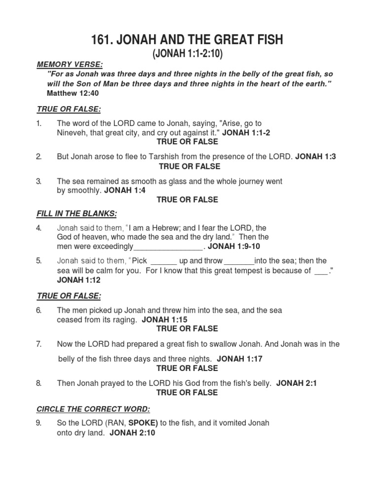 Jonah and the Big Fish Worksheet | PDF
