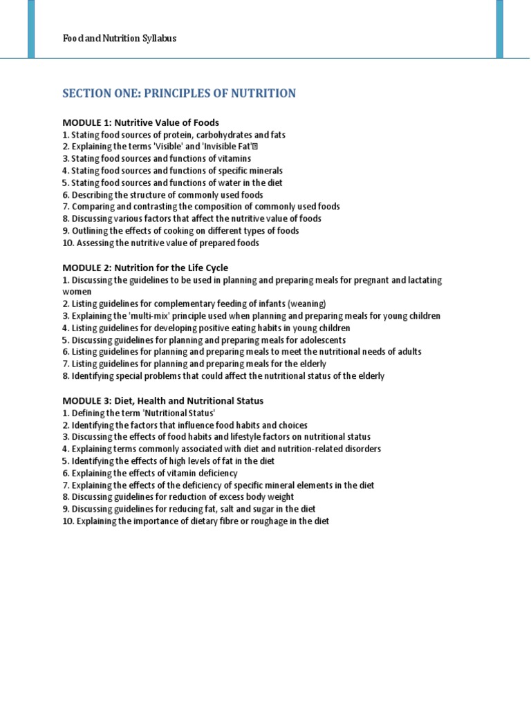Food and Nutrition Syllabus | PDF | Foods | Nutrition