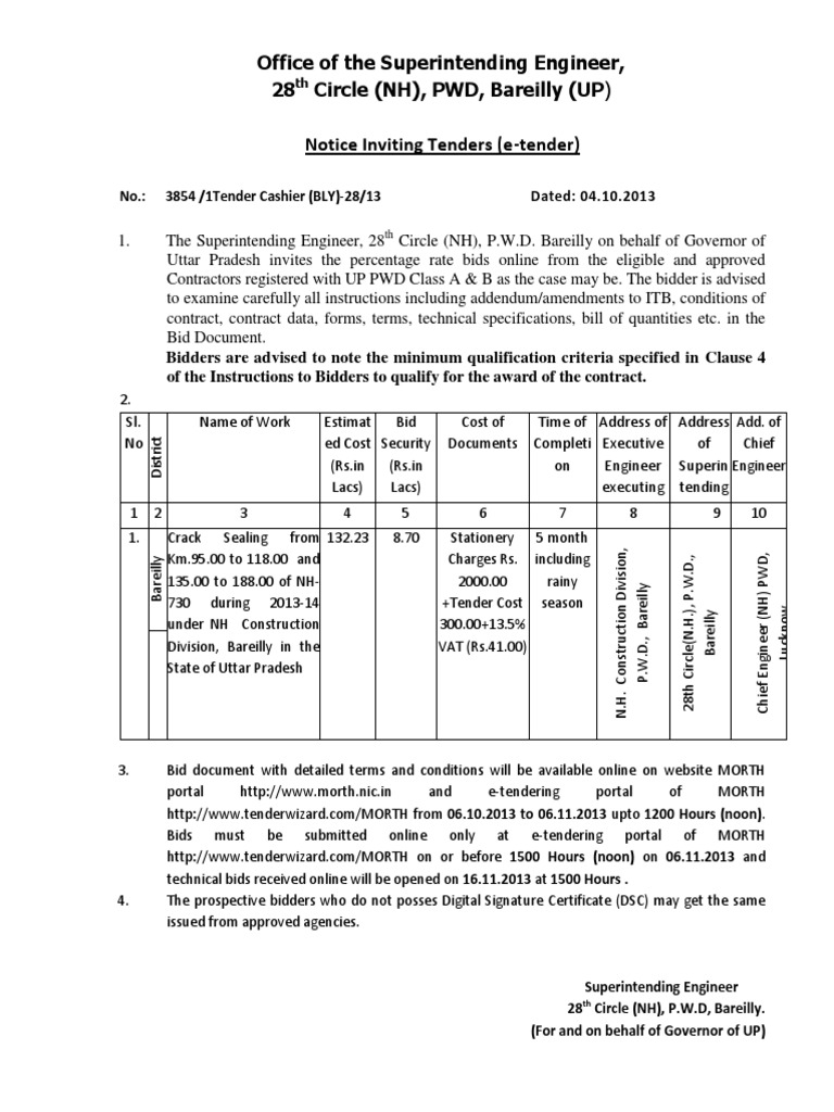 Office of The Superintending Engineer, 28 Circle (NH), PWD, Bareilly ...
