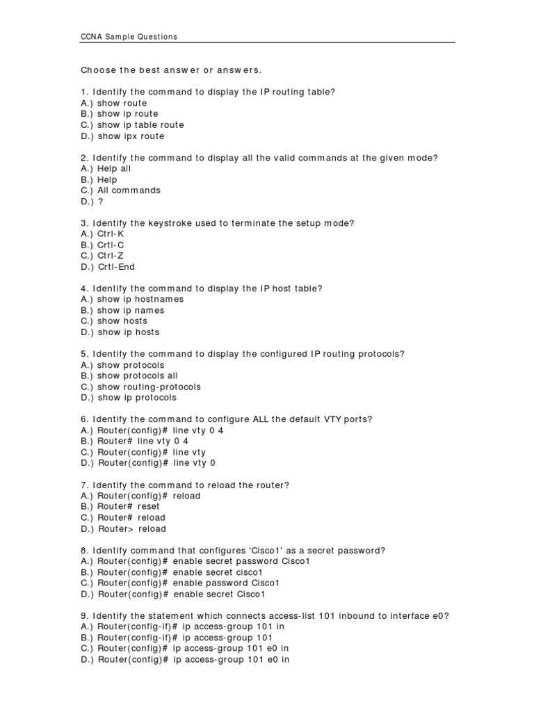Choose The Best Answer or Answers.: CCNA Sample Questions | PDF