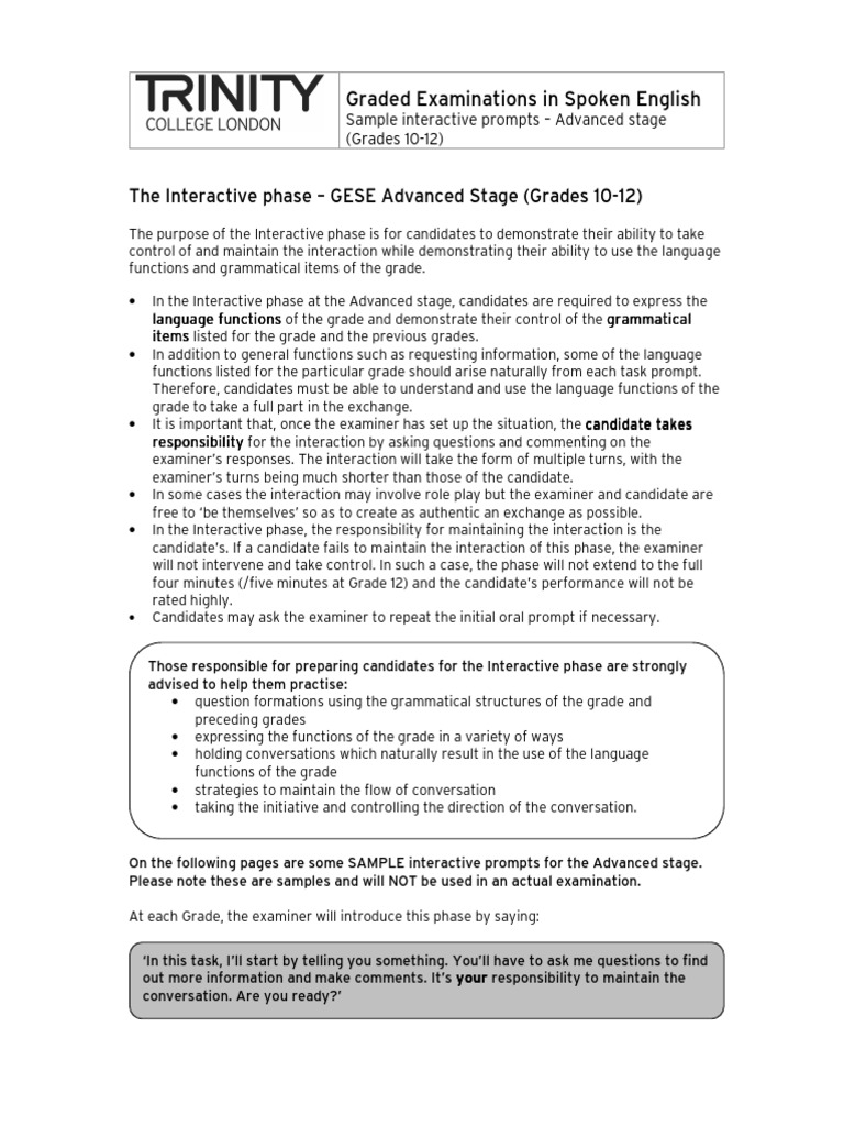 GESE Sample Advanced Interactive Prompts (Grades 10-12) | PDF | Test ...