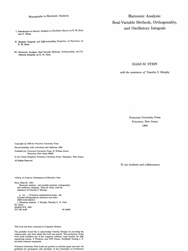 Harmonic Analysis, Real Variable Methods Orthogonality & Oscillatory Integrals - Stein | PDF