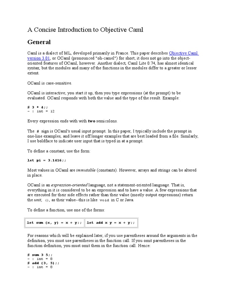 A Concise Introduction To Objective Caml Pdf Parameter Computer Programming String 9493