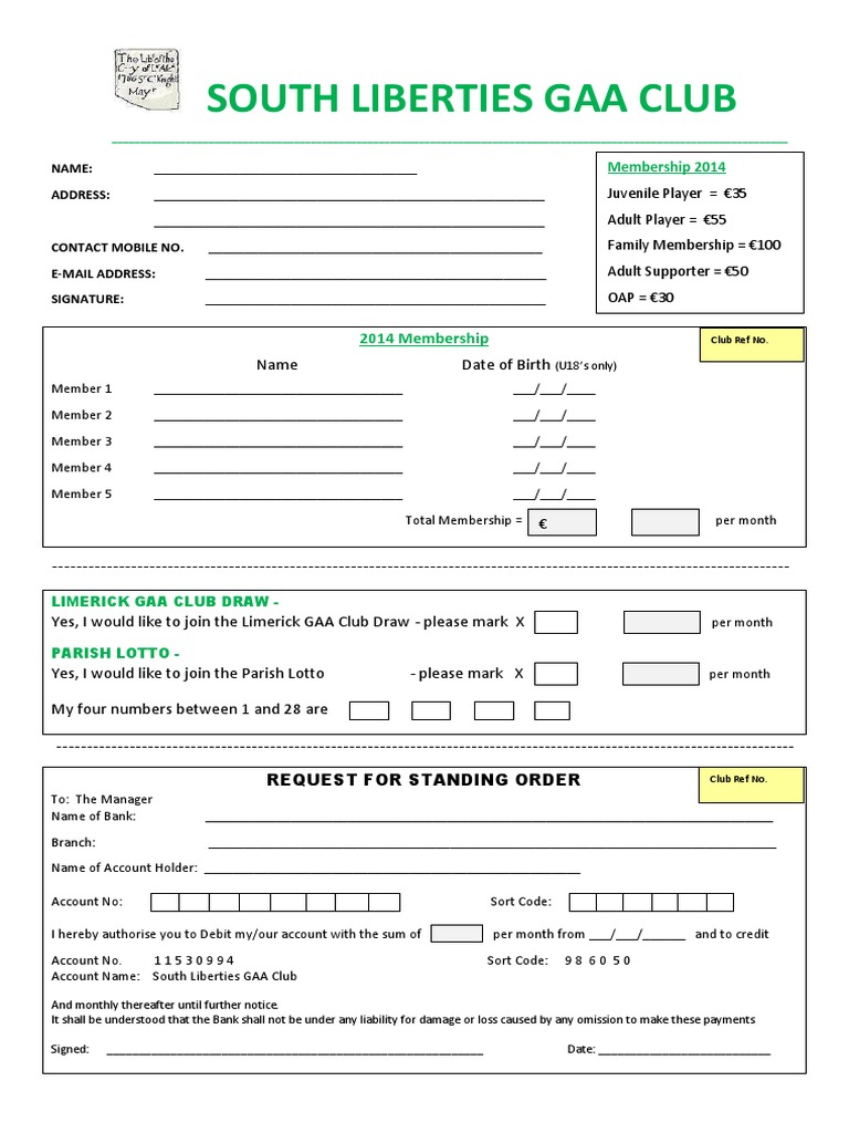 South Liberties GAA 2014 Membership Form | PDF