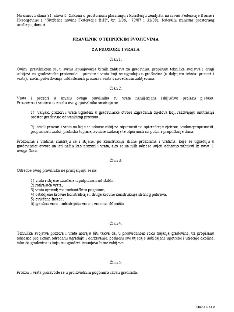 Pravilnik o Teh. Svojstvima Za Vrata I Prozore | PDF