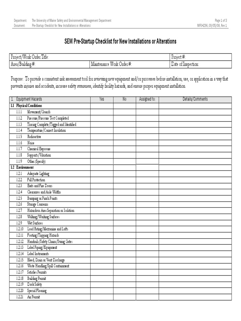 Pre Startup Checklist For New Installations or Alterations | PDF ...