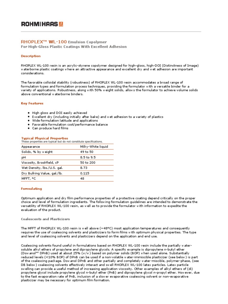Rhoplex WL 100 | PDF | Paint | Chemical Substances