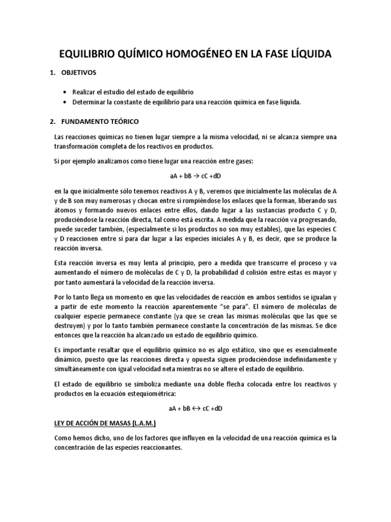 Equilibrio Químico Homogéneo en La Fase Líquida | PDF | Equilibrio ...