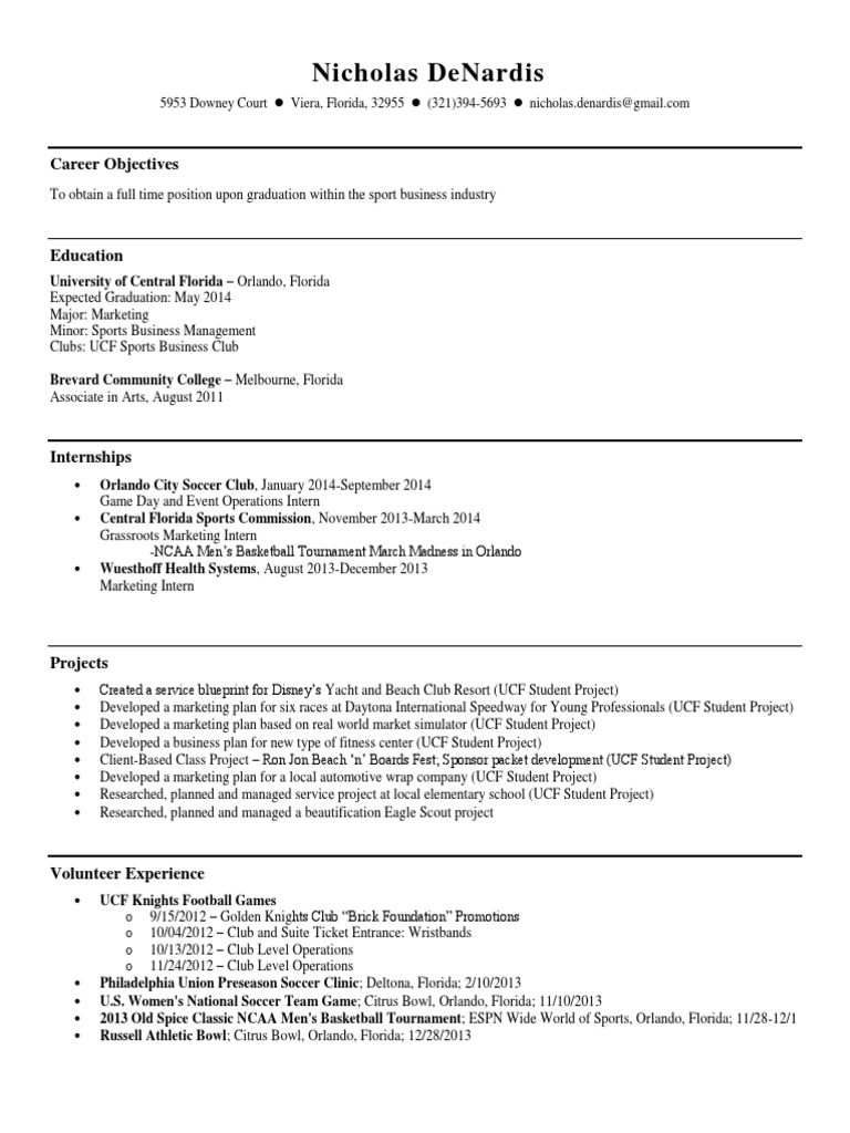 Nicholas DeNardis Sport Marketing Resume | PDF | Sports & Recreation