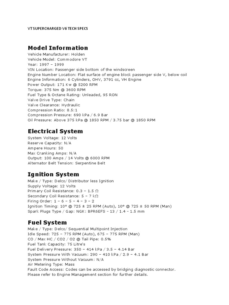 VT Supercharged V6 (L67) Tech Specs | PDF | Ignition System | V6 Engine