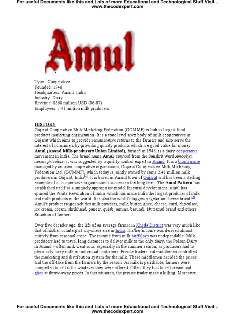 Amul: History and Impact of Anand Dairy | PDF | Dairy | Market (Economics)