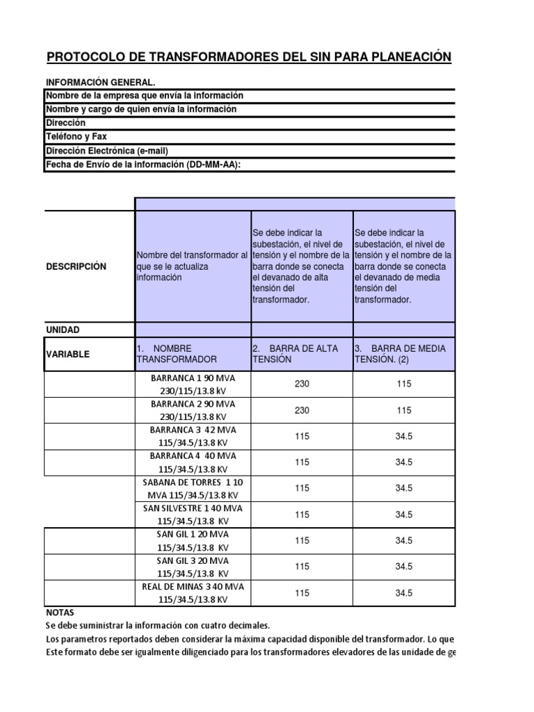 Protocolo de transformadores del SIN para planeación: Información general y datos técnicos de ...